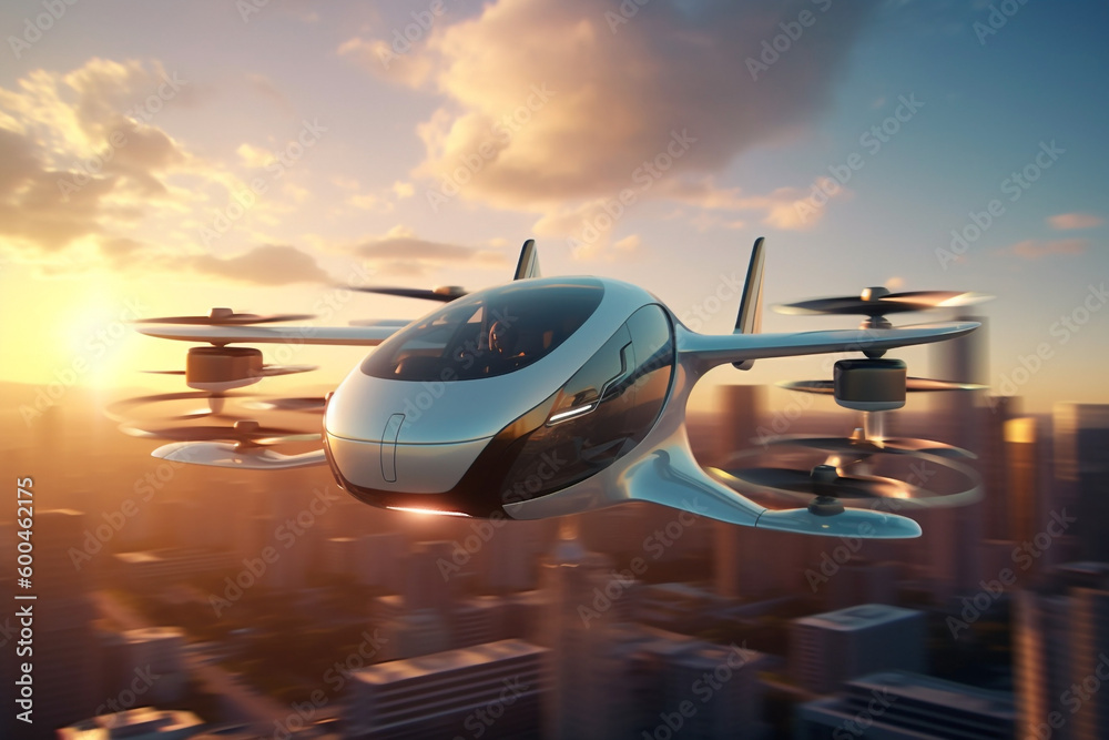 Electric passenger VTOL aircraft taxi. Autonomous flying car transport ...
