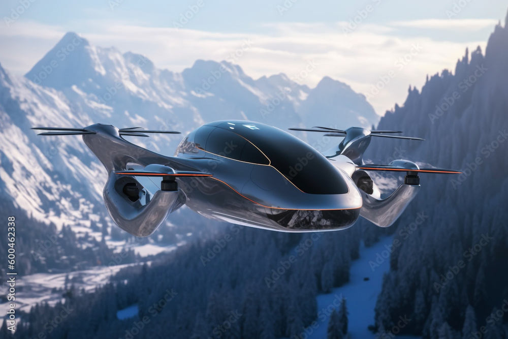 Electric passenger VTOL aircraft taxi. Autonomous flying car transport ...
