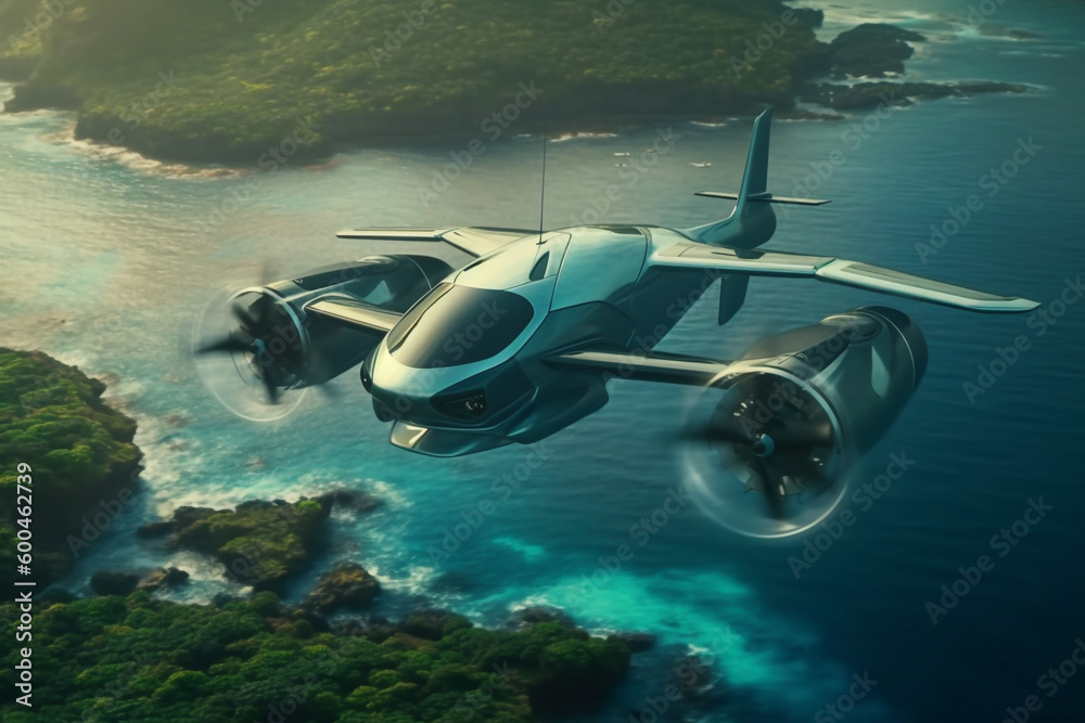Electric passenger VTOL aircraft taxi. Autonomous flying car transport ...