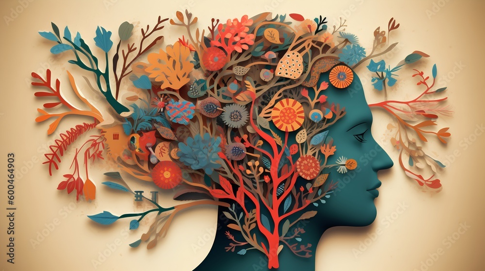 Mental health and well-being concept illustration, featuring a stylized ...