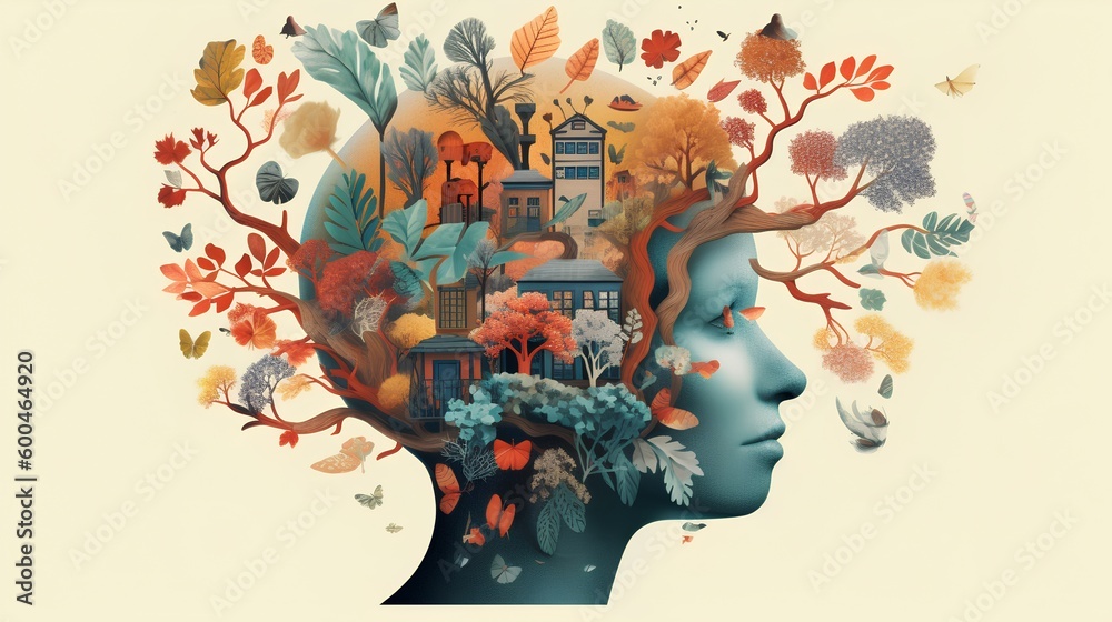 Mental health and well-being concept illustration, featuring a stylized ...