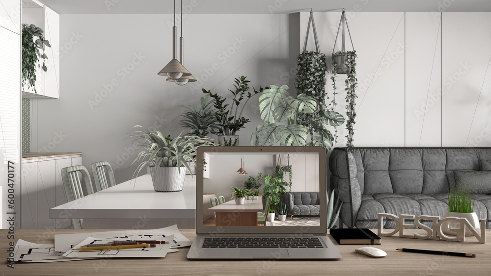Architect designer desktop concept, laptop on wooden work desk with ...