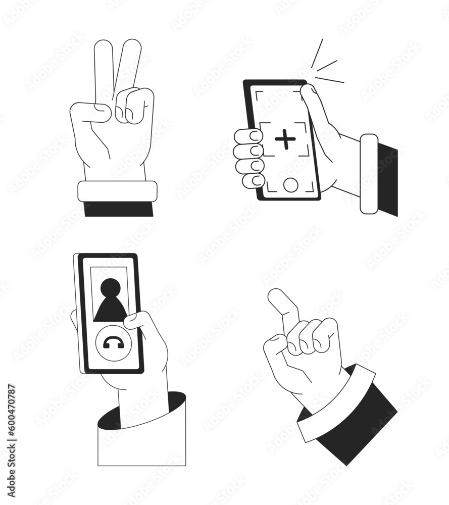 Millennials, gen z hands bw vector spot illustration set. Holding phone ...