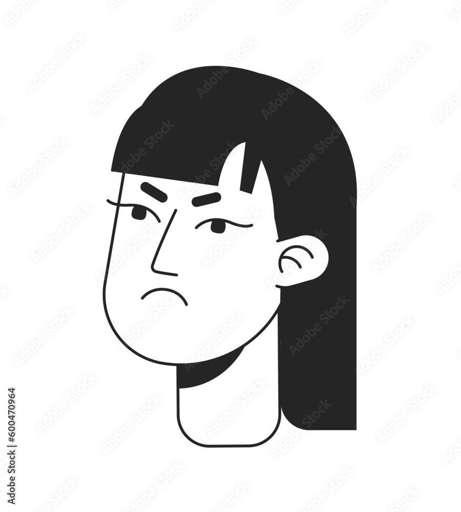 Grumpy girl frowning eyebrows monochrome flat linear character head ...