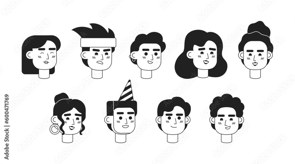 Diverse people with content toothy smile monochrome flat linear ...