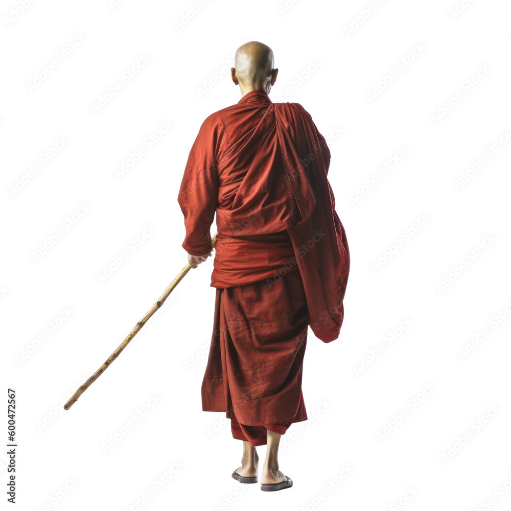 Monk Buddhist in a red robe holding a walking stick rear view isolated ...