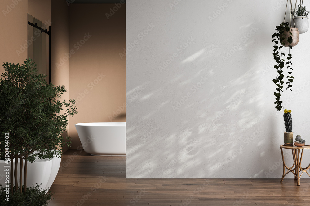 Modern bathroom with a blank white wall for bathroom cabinet mock-up ...