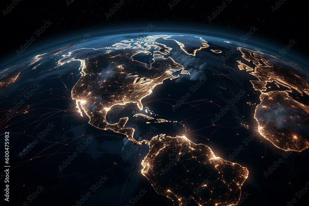 Digital Earth with illuminated lines linking locations around the world ...