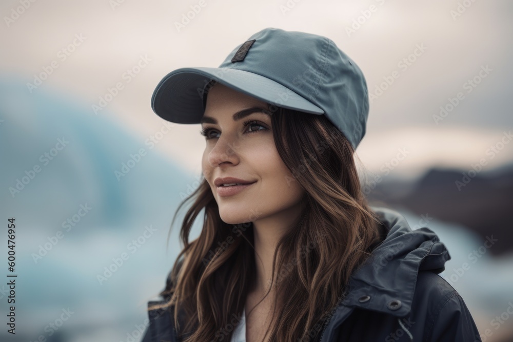 Outdoor portrait of beautiful young woman wearing cap and jacket ...