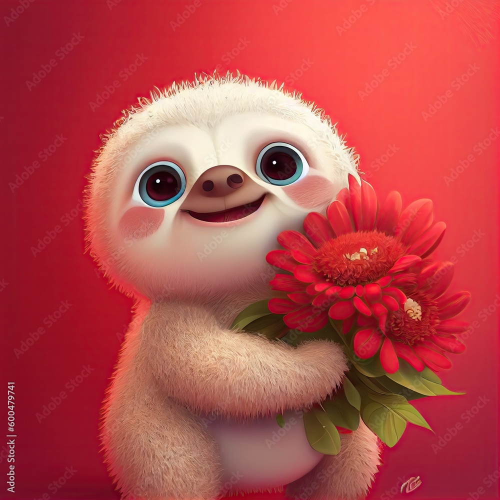 Smiling cute sloth holding bouquet in colorful flowers isolated warm ...