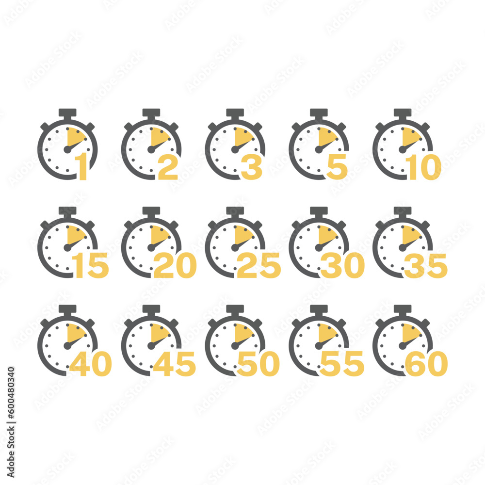 Timer or stopwatch with minute numbers icon set. Chronometer for time ...