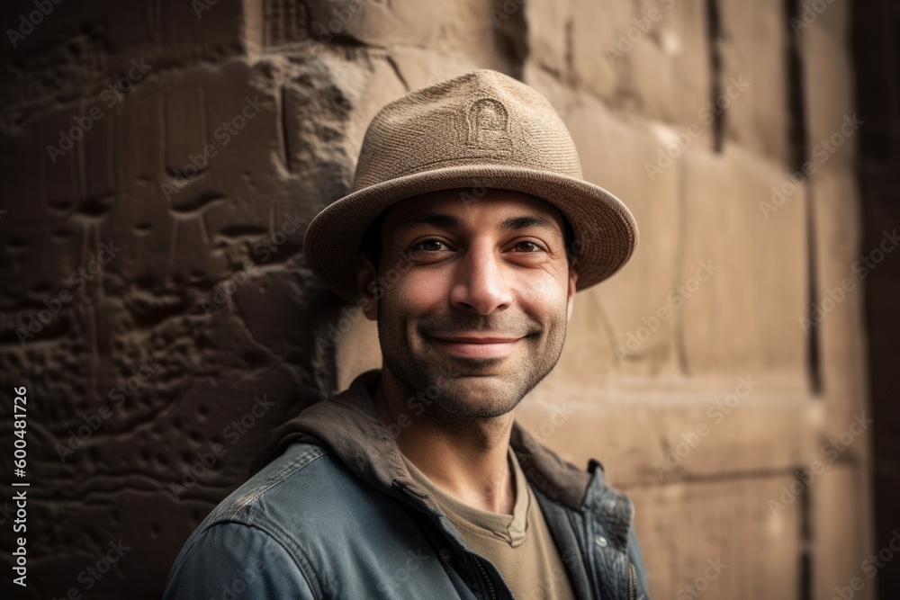 Portrait of handsome young man in hat smiling and looking at camera ...