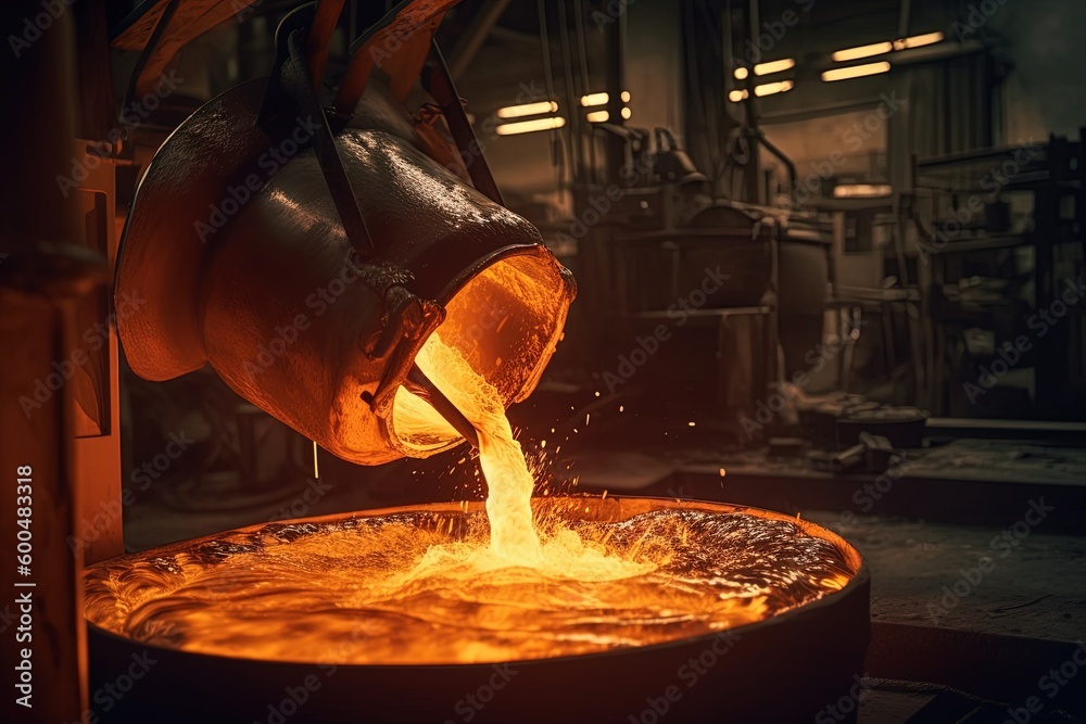 Liquid iron molten metal pouring in container, industrial metallurgical ...