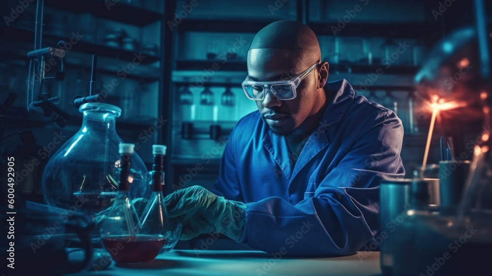 Fictional black male scientist working on researches in his labotory ...