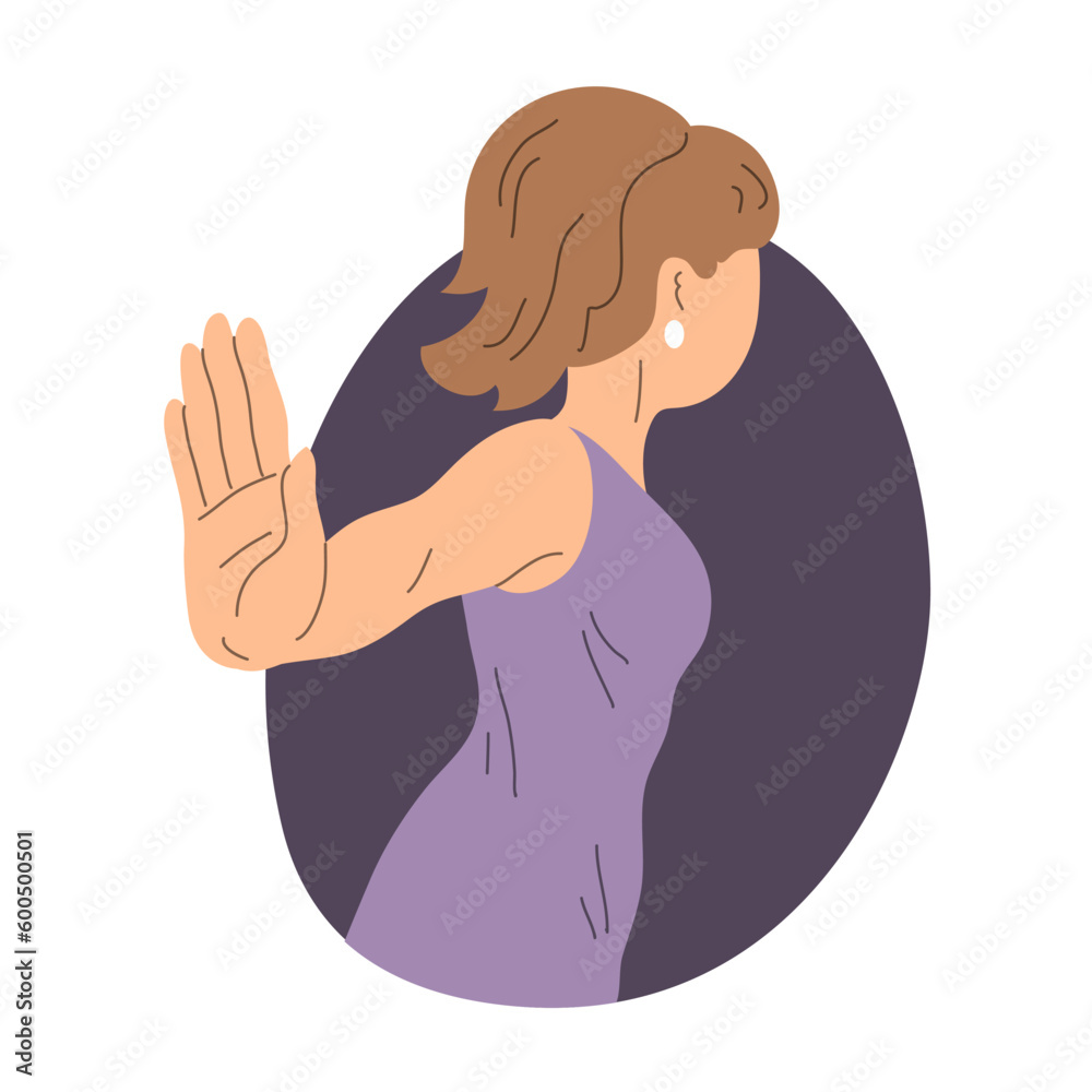 Young woman resolutely refuses. Stop hand gesture. Hate, reject and ...