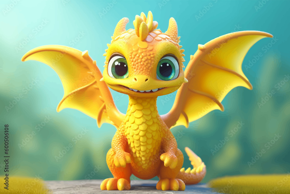 Super cute yellow little baby dragon with big eyes and wings. Fantasy ...