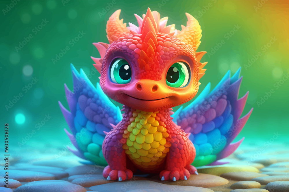 Super cute rainbow little baby dragon with big eyes and wings. Fantasy ...