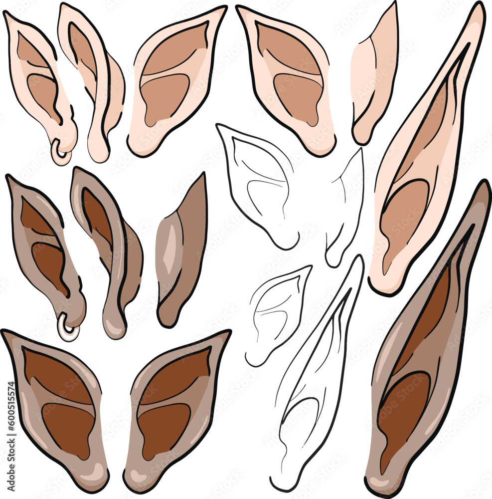 Vetor de Different Ears for characters. human, elf ears Outline ears ...