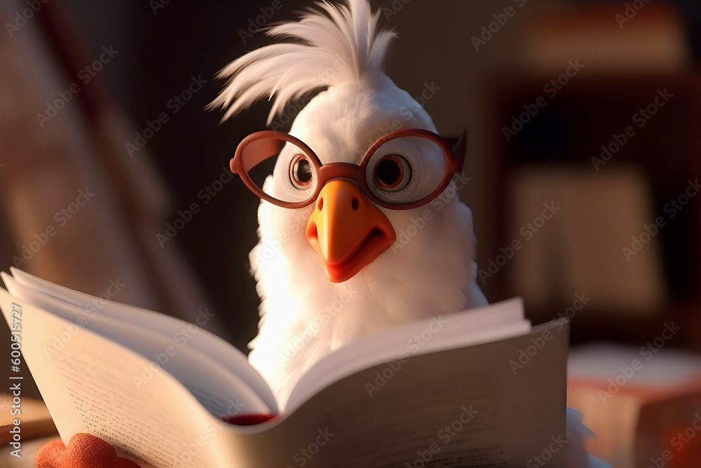 Cartoon white funny chicken with glasses reading book carefully ...