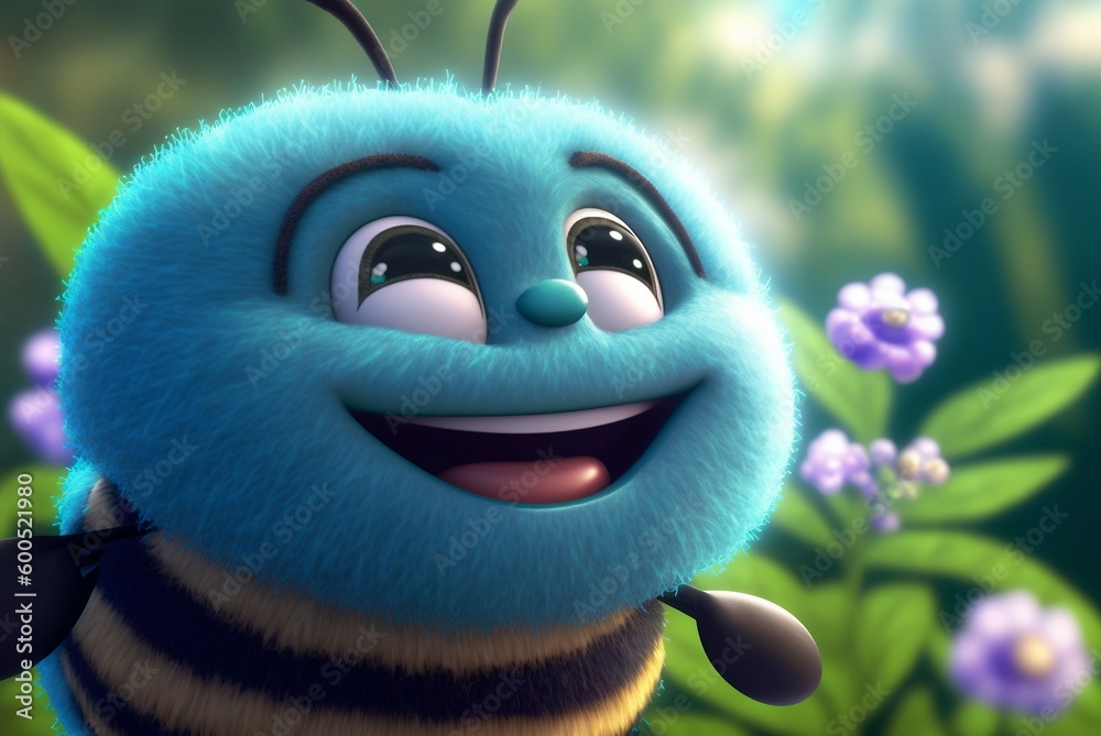 Blue cartoon bee. Cute baby bee. Smiling bee on a green background ...