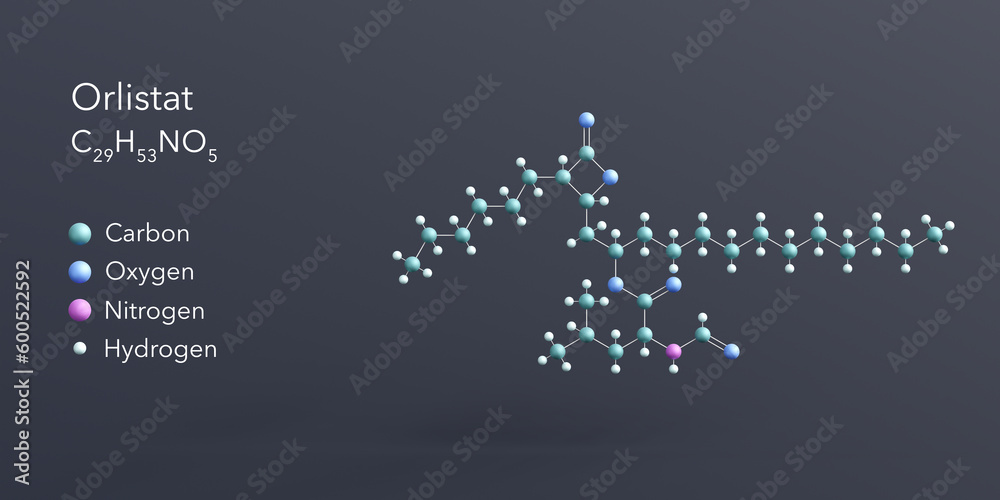 orlistat molecule 3d rendering, flat molecular structure with chemical ...
