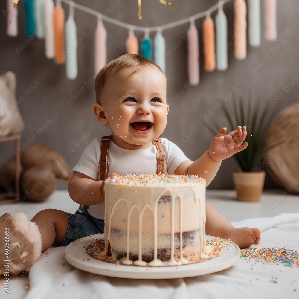 A cute baby celebrating his birthday infront of a birthday cake ai, ai ...
