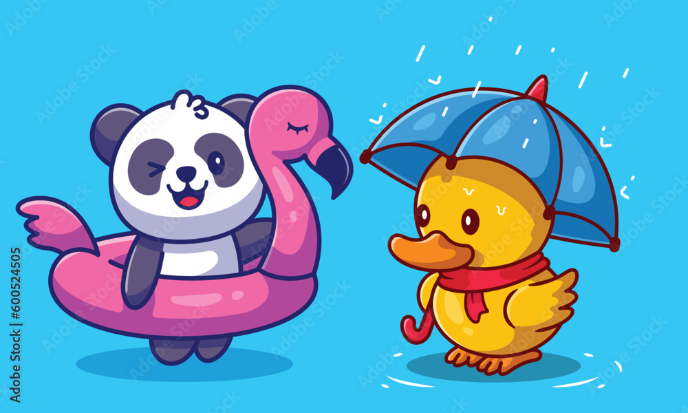 Cute panda with flamingo tires vs duck with umbrella in the rain ...