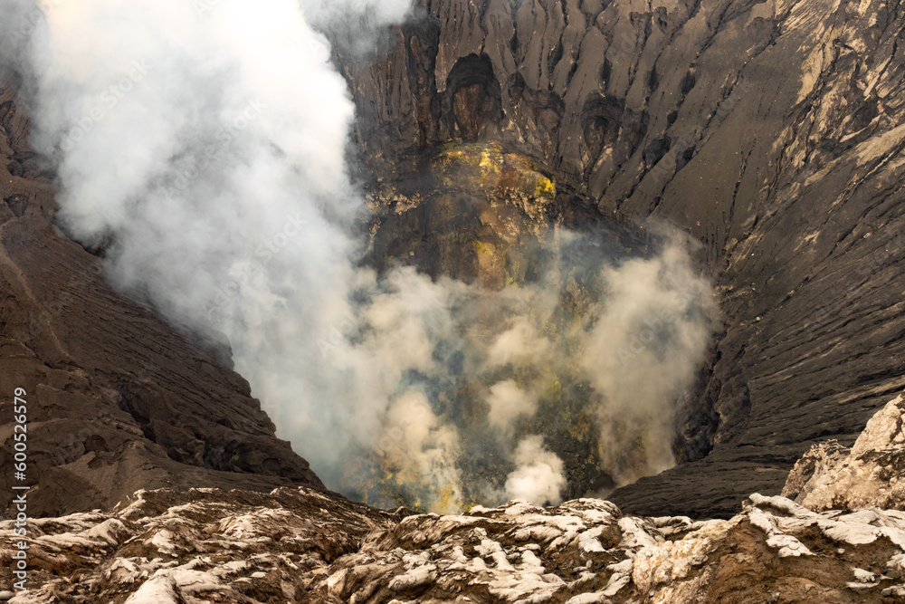 Dramatic view inside the crater and active caldera of Mount Bromo ...