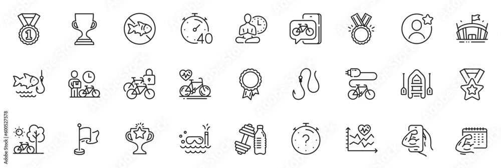 Icons pack as Dumbbell, Award cup and Timer line icons for app include ...