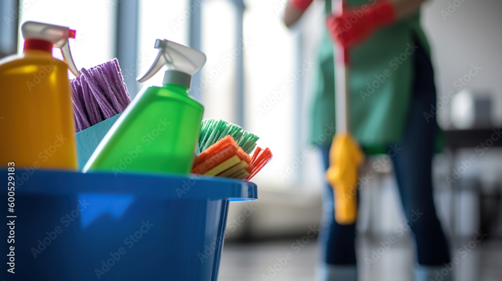 woman standing with a bucket and cleaning products on blurred office ...