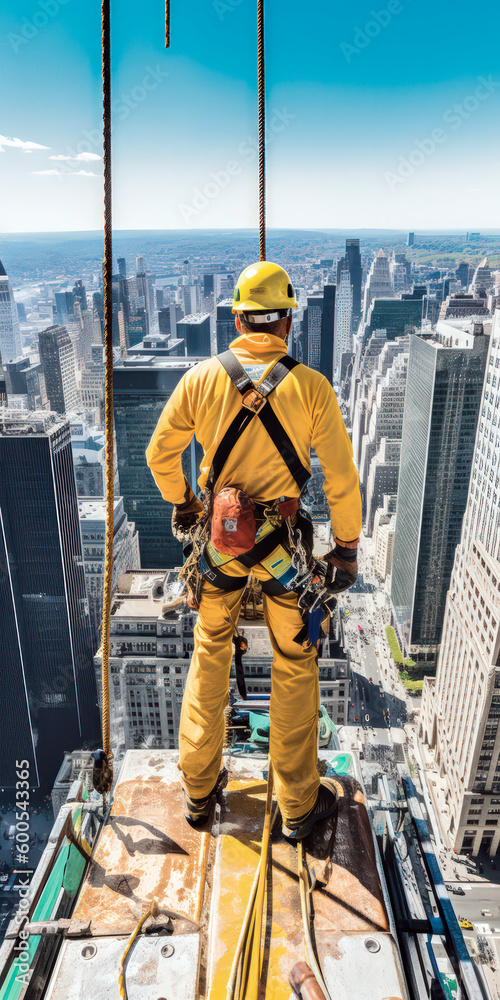 Acrobatic building stunt worker towering the city skyline from the ...