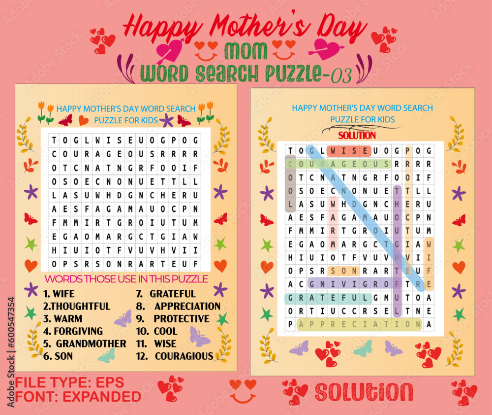 HAPPY MOTHER'S DAY WORD SEARCH PUZZLE FOR KIDS-3. Intellectual ...