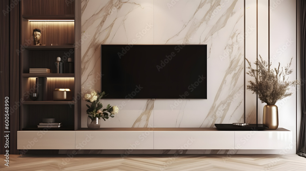 Classic luxury TV with lighting. Modern interior of light beige living ...