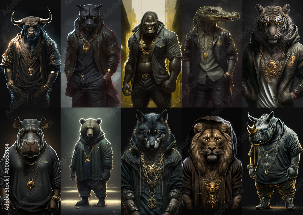 Set of portraits of animals in gangster style with modern suits AI ...