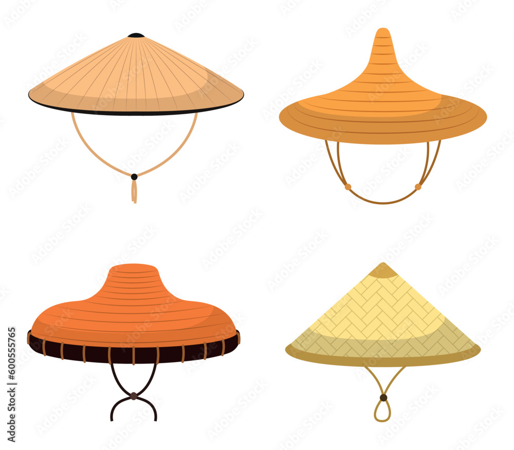 Set of traditional Asian hats in cartoon style. Vector illustration of ...
