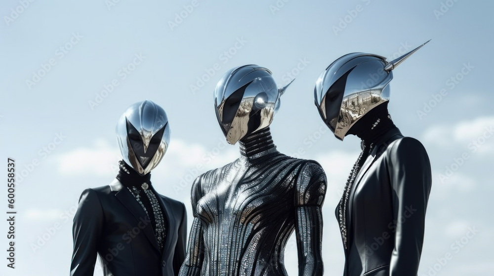 Three figures of alien rulers in chrome masks. Portraits of creatures ...