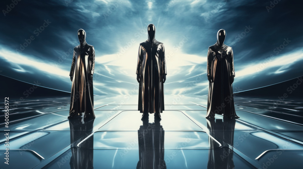 Three figures of alien rulers in chrome masks. Portraits of creatures ...