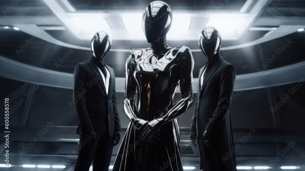 Three figures of alien rulers in chrome masks. Portraits of creatures ...