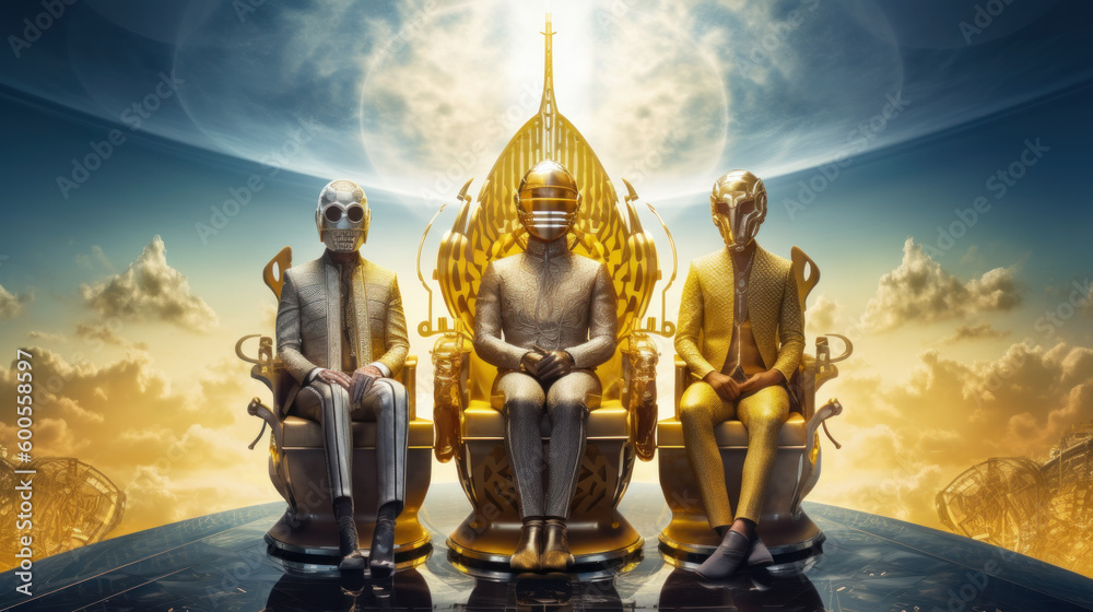 Three figures of alien rulers in chrome masks. Portraits of creatures ...