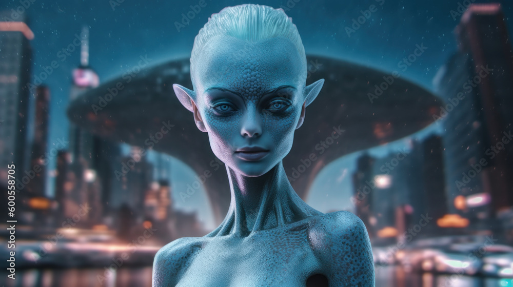 Portrait of an alien girl with pale blue skin and big eyes, a race of ...