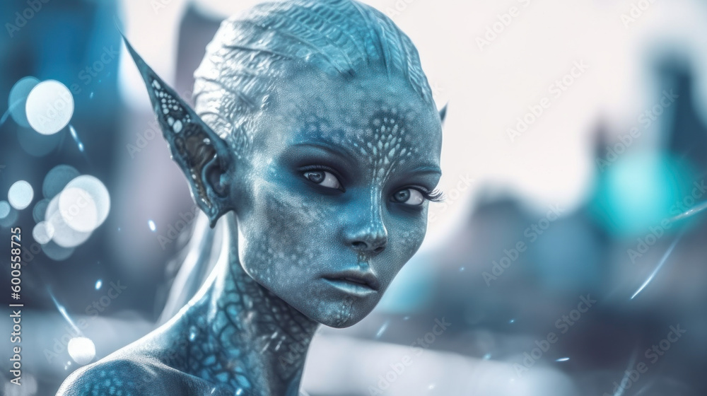 Portrait of an alien girl with pale blue skin and big eyes, a race of ...