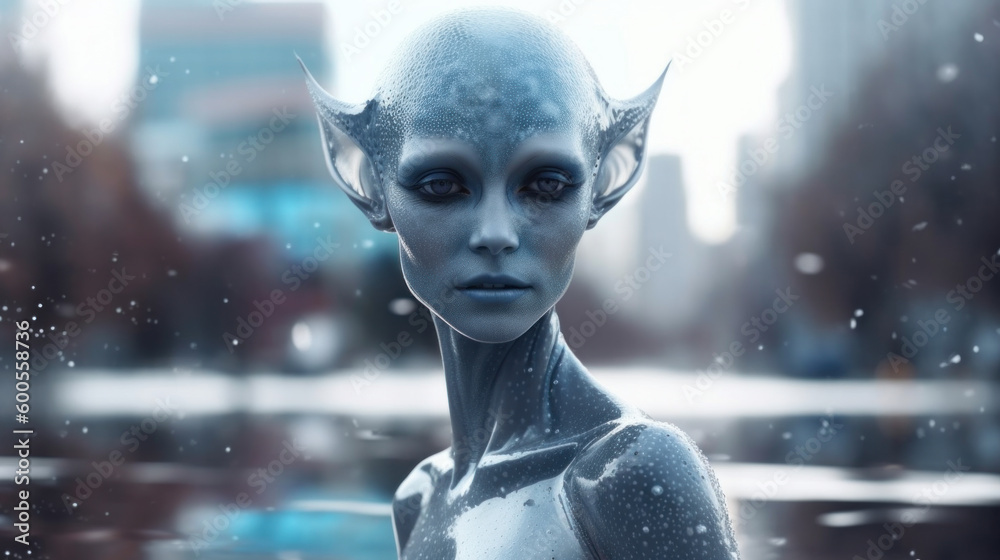 Portrait of an alien girl with pale blue skin and big eyes, a race of ...