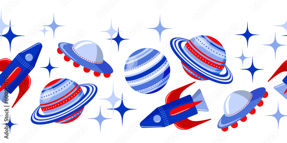 Seamless border of space elements: rocket, planets, stars, ufo on white ...