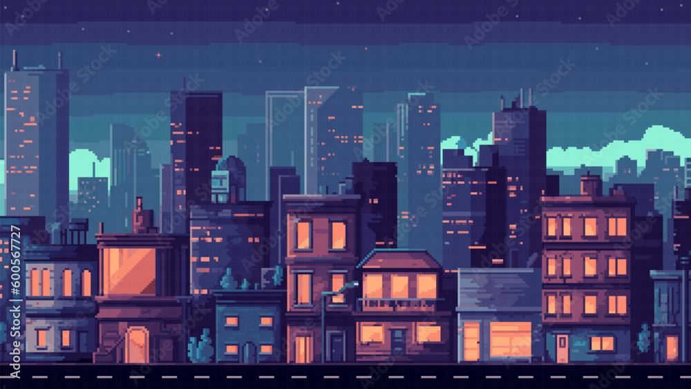 pixel art game level vector background, 8 bit cityscape, nightcity arcade video game, pixelated ...