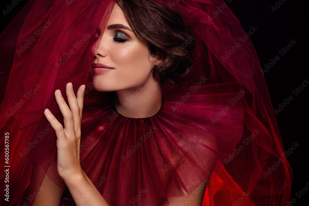 High fashion magazine photo shooting young dark bride lady wear ruby ...