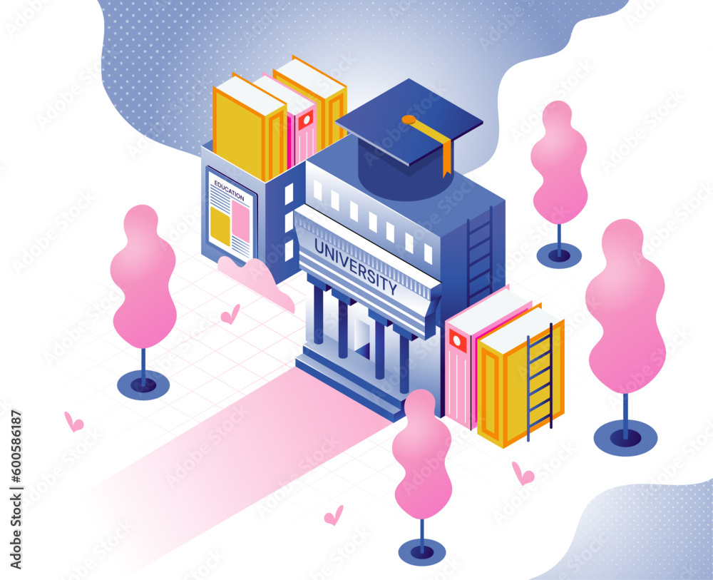 Isometric university concept. Building with books and graduation cap ...