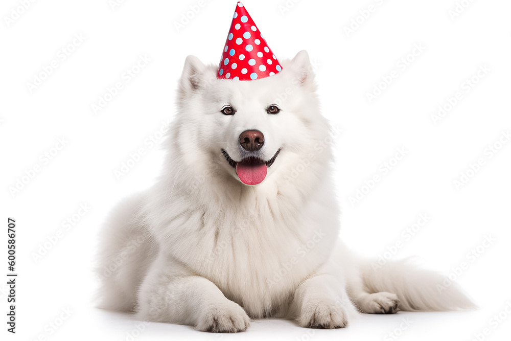 Portrait of Funny big white fluffy samoyed dog in birthday cap isolated ...