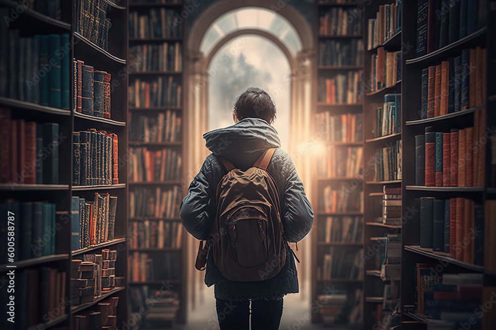 Student read a lot of books in library back view, created with ...