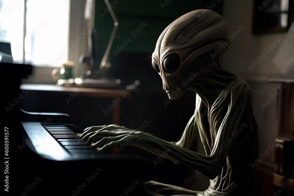Ugly and scary looking extraterrestrial alien playing a piano. Ai ...