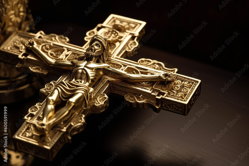Golden cross of Jesus Christ crucified. Religion and Christianity ...